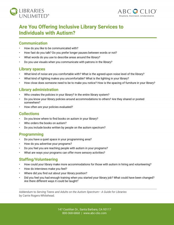Inclusive Library Services for Individuals with Autism • ABC-CLIO